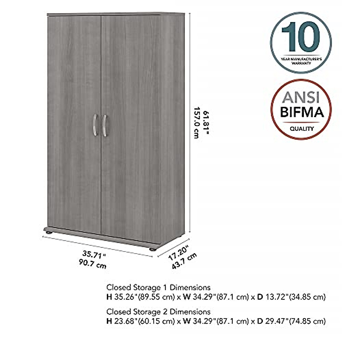 Bush Business Furniture Universal Closet Tall Clothing Storage Cabinet with Doors and Shelves, Platinum Gray