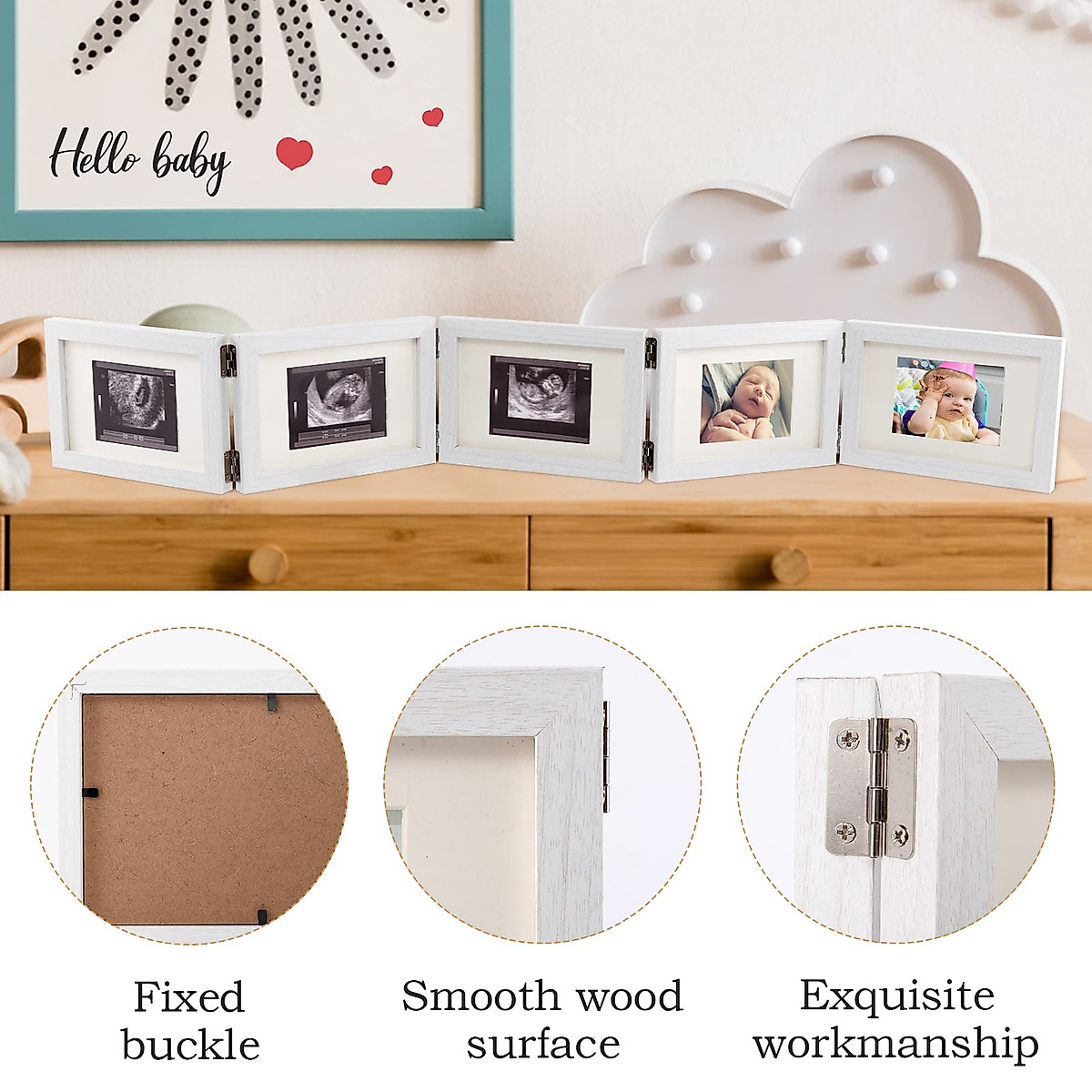 5 Folding Sonogram Picture Frame for Expecting Parents- 4.7" × 6.8" Baby Ultrasound Picture Frame Natural Wood Sonogram Pregnancy Frame Baby First Photo Frame for Pregnant Mom Gifts, Nursery Decor