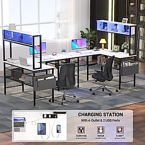 Unikito L Shaped Computer Desk with LED Strip and Power Outlets, Storage Shelves and Bag, Industrial Reversible Gaming Table Writing Corner Desk for Home Office Workstation, White