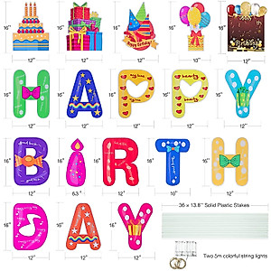 HOMENOTE 18Pcs Happy Birthday Yard Signs with Stakes, 2 x 5m LED Lights and Personalized Signs, 16” Large Size - Birthday Letters Signs for Yard Lawn Outdoor Birthday Decoration Party Supplies
