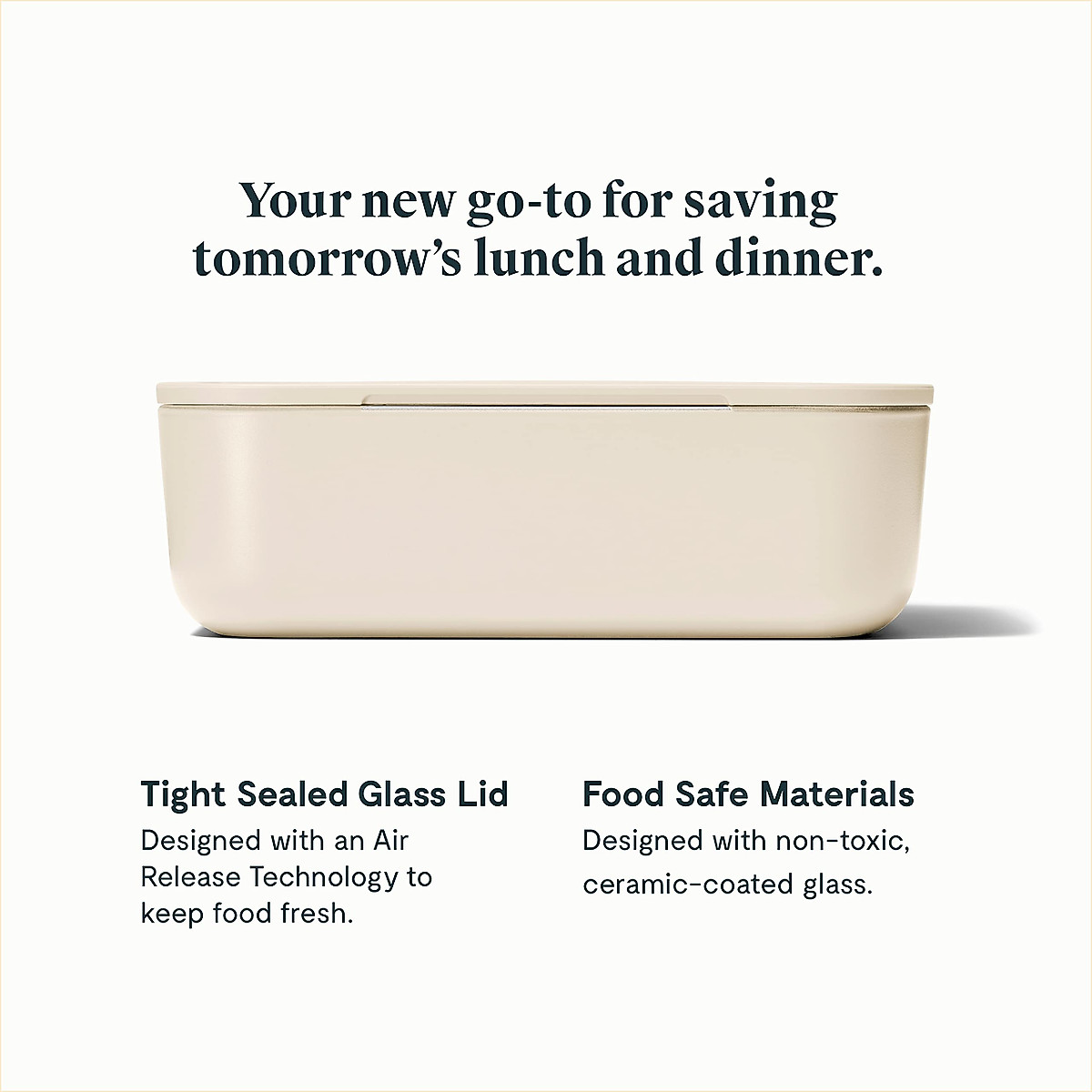 Caraway Glass Food Storage, 10 Cup Glass Container,Ceramic Coated Food Container,Easy to Store, Non Toxic, Non Stick Lunch Box Container with Glass Lids. Dishwasher, Oven,Square Shape,Cream