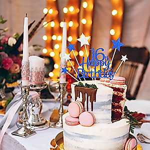 Pargleev Glittery 16th Cake Topper with Star Boys and Girls 16th Birthday Party Supplies, Sixteen Years Old Birthday Party Decorations Royal Blue