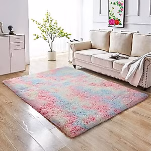 CC Interior 4x6 Rainbow Fluffy Rugs for Girls Bedroom, Pastel Area Rug for Kids, Shag Carpet for Nursery, Unicorn Room Decor,Fuzzy Rug for Living Room