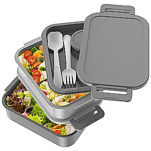 Jelife Adult Bento Box Lunch Box - 3 Layers Leak-Proof Stackable Bento Lunch Box for Adults, 72oz Large-Style All-in-One Bento Boxes Lunchbox with Utensil Sauce Containers for Dining Out,Work, Grey