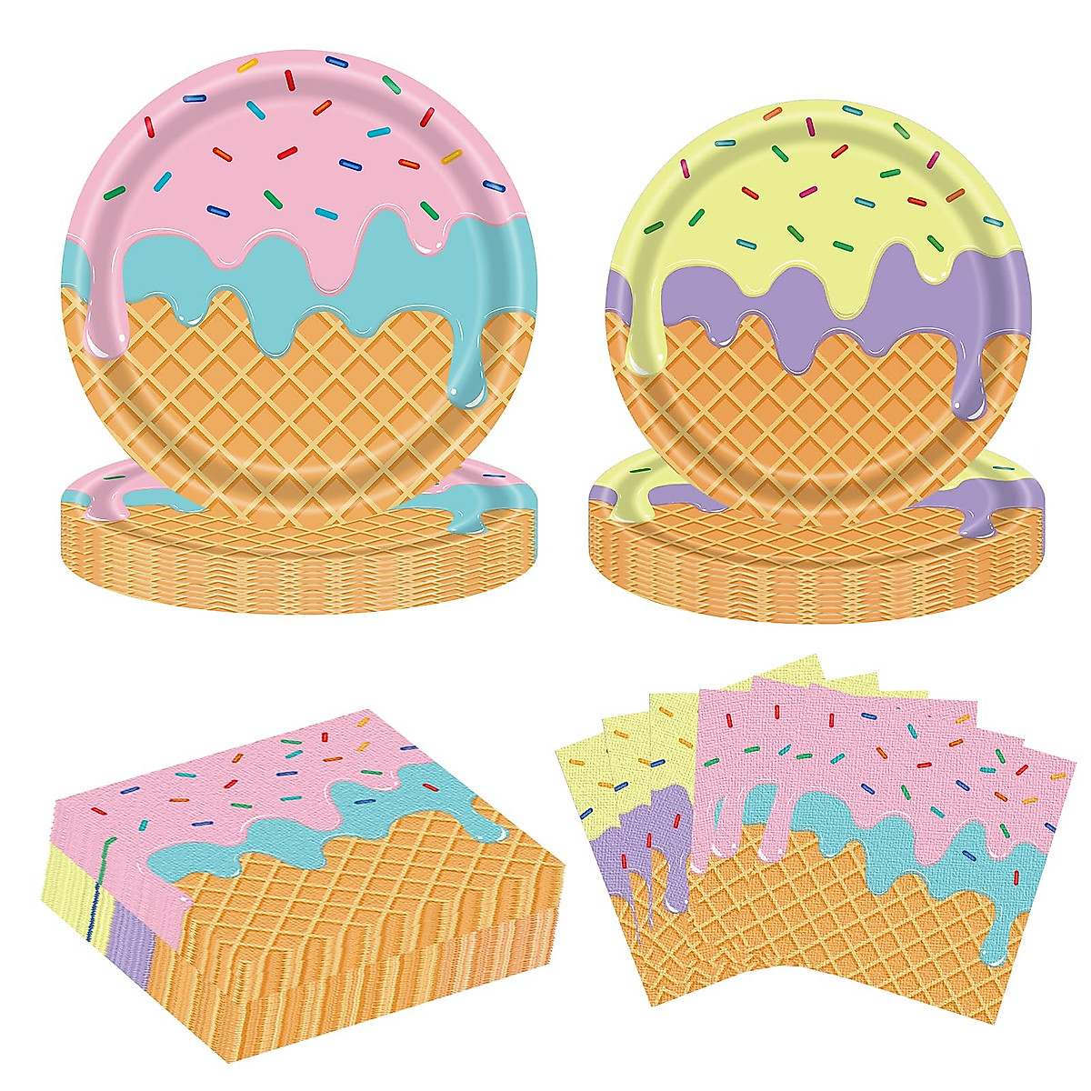 96PCS Ice Cream Plates and Napkins Party Supplies Ice Cream Disposable Paper Plates Napkins Tableware Set for Birthday Baby Shower Sweet Summer Ice Cream Theme Party, Serves 48 Guests
