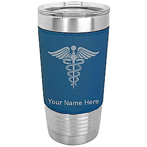 LaserGram 20oz Vacuum Insulated Tumbler Mug, Caduceus Medical Symbol, Personalized Engraving Included (Faux Leather, Blue)