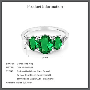 Gem Stone King 10K White Gold Green Simulated Emerald and Diamond Accent 3-Stone Engagement Ring For Women (1.85 Cttw) (Size 7)