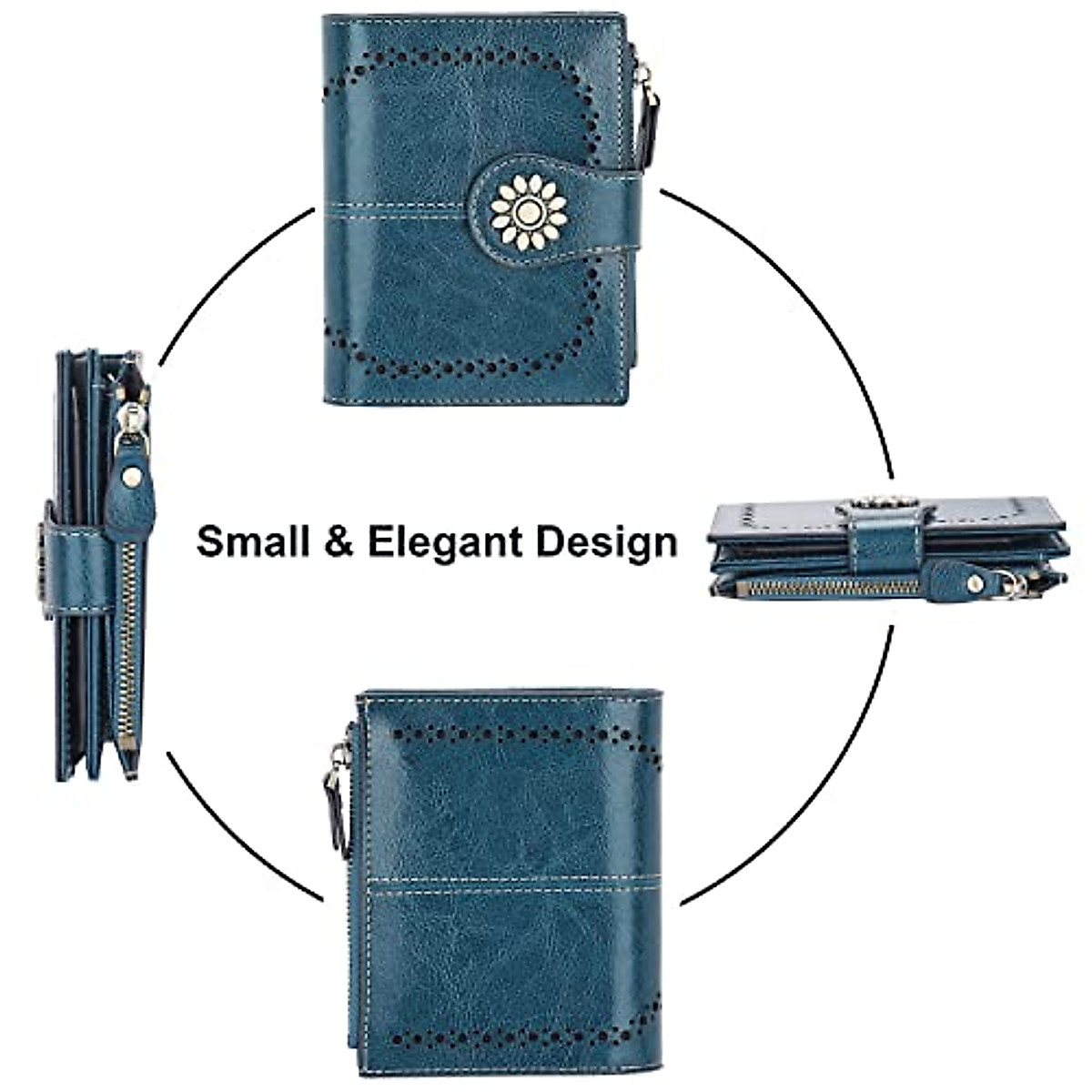 Lavemi Womens Leather Wallet Small Compact RFID Blocking Credit Card Case Purse with Zipper Pocket(Peacock Green)