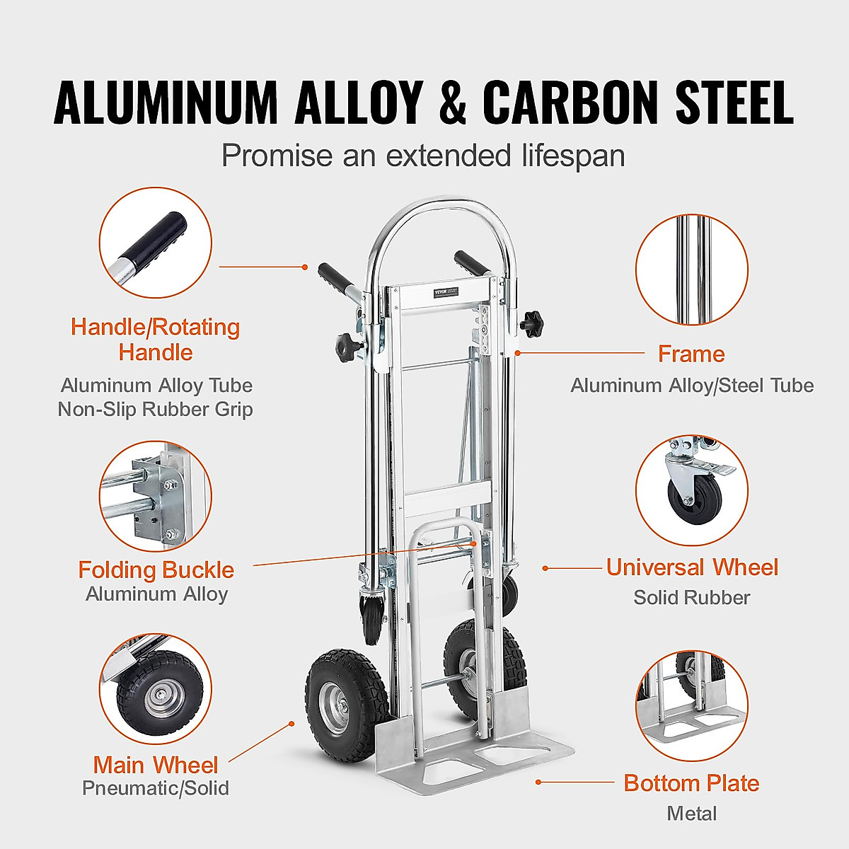VEVOR Aluminum Folding Hand Truck, 4 in 1 Design 1000 lbs Capacity, Heavy Duty Industrial Collapsible cart, Dolly Cart with Rubber Wheels for Transport and Moving in Warehouse, Supermarket, Garden