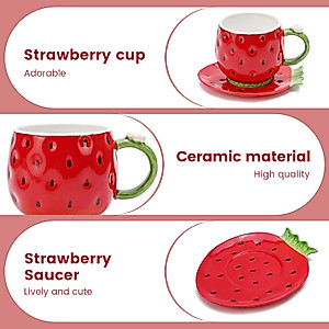 Noviko Ceramic Tea Cup and Saucer Coffee Mug Strawberry Coffee Cup with Saucer - 8 Ounce (Red)