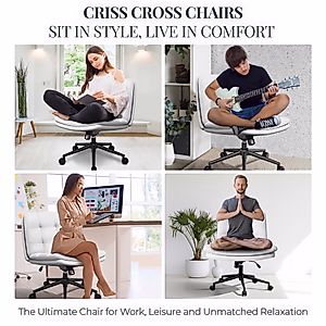Criss Cross Desk Chair for Cross Legged Sitting, Easy to Assemble White Criss Cross Chair with Wheels - Premium Detachable Wheel and Swivel Design, Cozy Ergonomic Office Chair with Wide Comfy Seating
