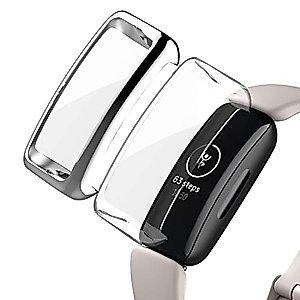 WUWOCJ 2-Pack All-Around Case Compatible with Fitbit Inspire 2,Ultra-Thin Soft TPU Bumper Full Cover Protective Case (Silver/Clear)