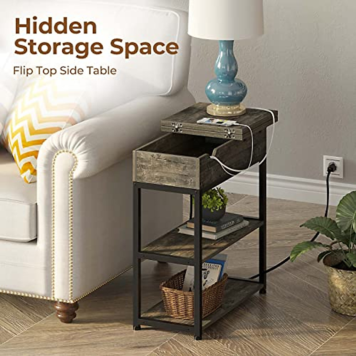 Rolanstar End Table with Charging Station, Narrow Nightstand, Flip Top Side Table with USB Ports and Storage Shelves for Small Spaces, Living Room, Bedroom, Grey