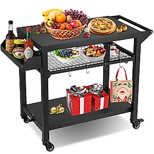 Spurgehom Grill Cart, Pizza Oven Stand Table with Wheels Dining Cart Table for Outside Patio, Outdoor Movable Kitchen Cooking Prep Table BBQ Cart with Mesh Racks for Home Party, Bar, Camping