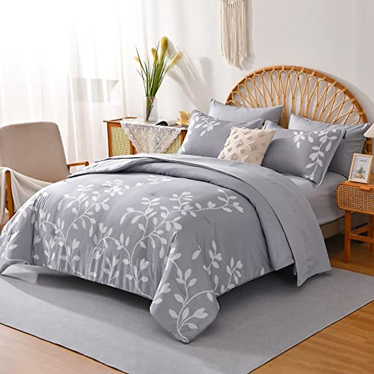 METAHOTS King Size Comforter Set, 7 PCS White Flowers Botanical Printed on Grey Comforter Set with Sheets, Soft Lightweight Microfiber Bedding Set for All Season(104"X90")