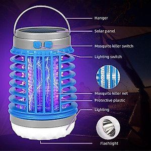 Solar Bug Zapper Outdoor Waterproof Mosquito Zapper for Patio Home Camping, 3 in 1 Cordless Mosquito Light Killer Portable Small Bug Zapper - Camping Light, Mosquito Killer, Flashlight - Blue, 2 PCS
