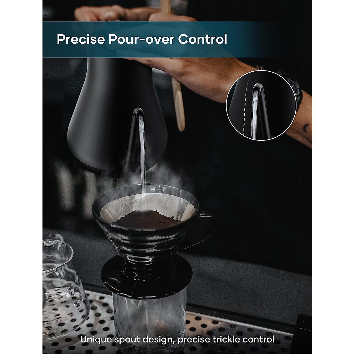 Gooseneck Electric Kettle INTASTING Fast Boiling Hot Water, Pour-over Coffee & Tea, 100% Stainless Steel, 0.9L/30oz, Auto Shut-Off & Boil Dry Protection, Matte Black with Dark Brown Wood Handle