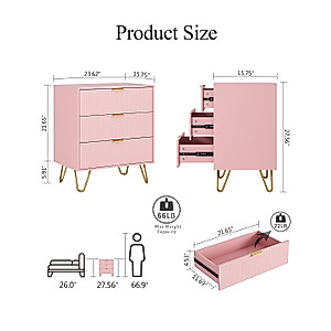 Aobafuir 3 Drawer Dresser for Bedroom, Modern Closet Dressers Chest of Drawers, Storage Dresser Chest Cabinet Organizer Unit, Small Fluted Dresser for Bedroom (Pink Stripe)