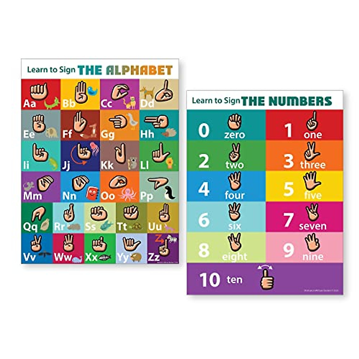 MWB ASL Learn to Sign Posters for Kids - Hand Sign Language Flash Card Posters with Colors, Feelings, Animals, Shapes | ASL Educational Posters for Classrooms and Home | 18" x 13" Laminated (Pack of 2)