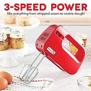 Dash SmartStore™ Deluxe Compact Electric Hand Mixer + Whisk and Milkshake Attachment for Whipping, Mixing Cookies, Brownies, Cakes, Dough, Batters, Meringues & More, 3 Speed, 150-Watt – Red