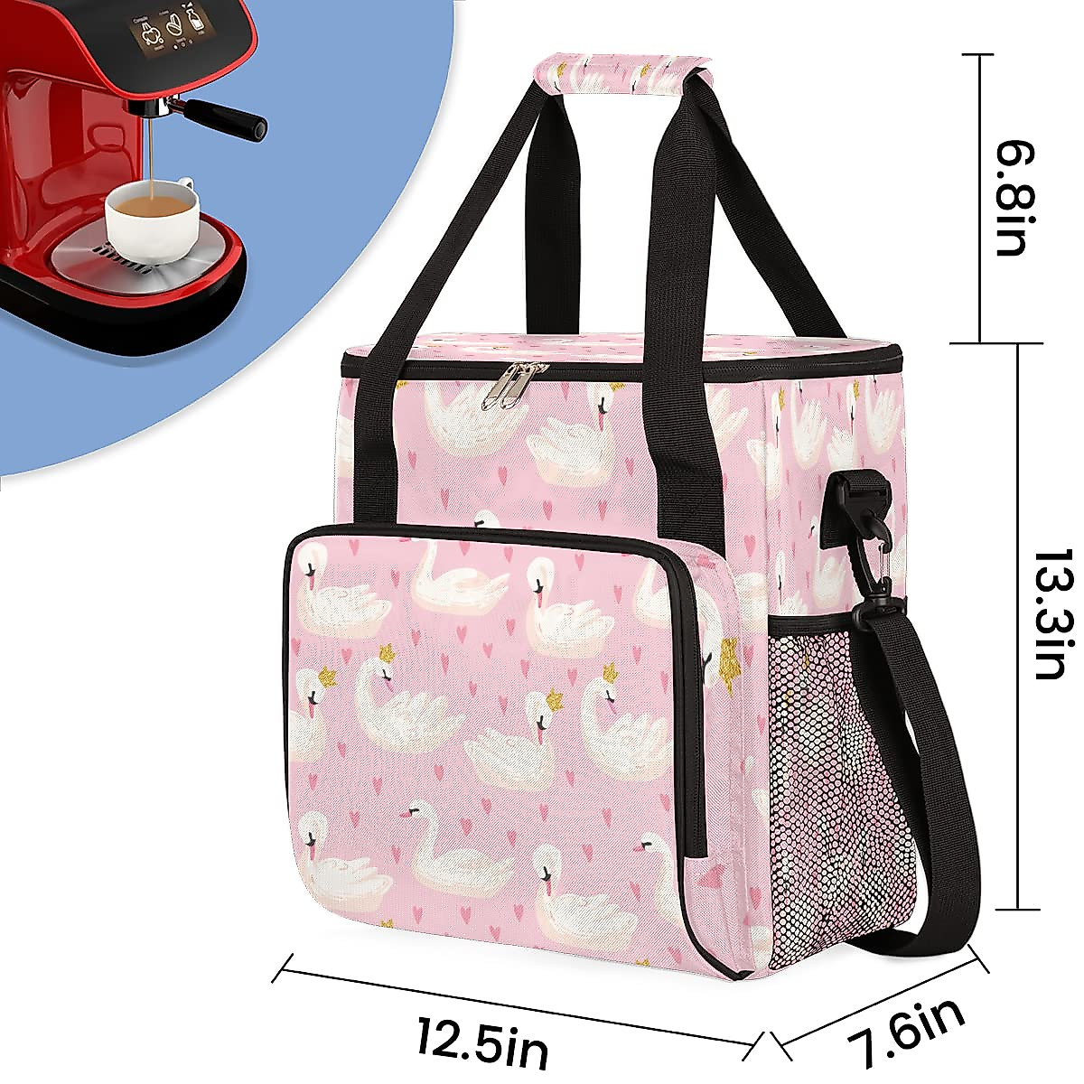 Cute Kawaii Pink Swan Coffee Maker Carring Bag Travel Storage Tote Bag Compatible with Keurig K-Mini or K-Mini Plus Portable Single Serve Coffee Brewer Case with Pockets for K-cup Pods
