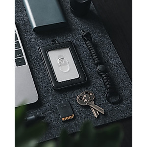 VULKIT ID Badge Holder with Lanyard for Women and Men Vertical Leather Badge Holder with Clear ID Window Card Holder Slot and Money Pocket Black