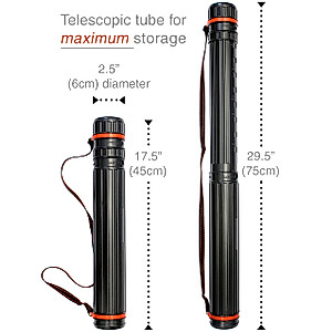 VViViD 17.5” - 29.5” inch Black Telescoping Storage Tube, with Carrying Strap, for Posters, Documents, Art, Blueprints, and More