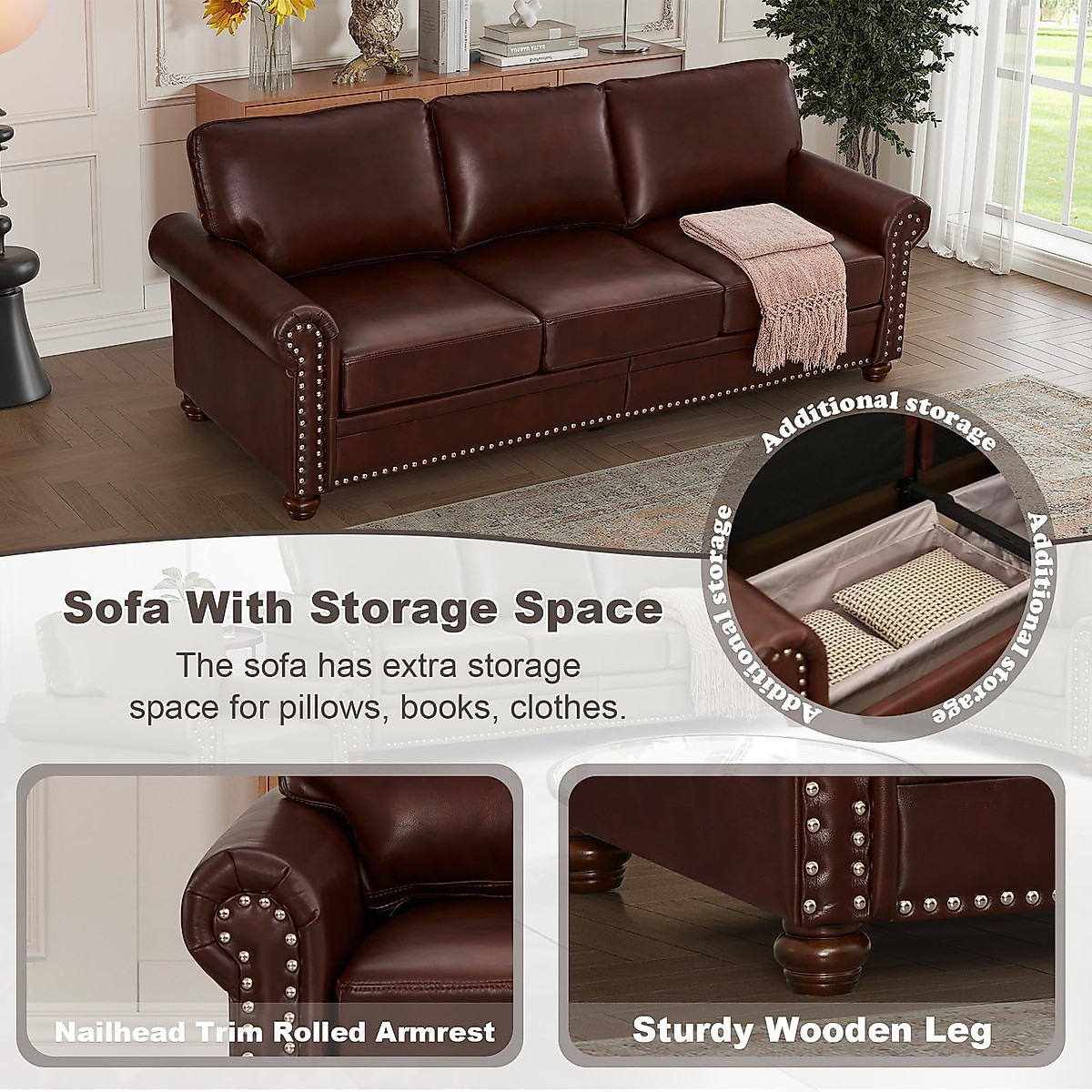 JEEOHEY Faux Leather Sofa Couch,82" Mid Century Modern Couch with Storage Place,Oversized 3 Seater Sofa with Nailhead Trim&Rolled Arm,Deep Seat Comfy Couch for Living Room,Apartment,Office(Burgundy)