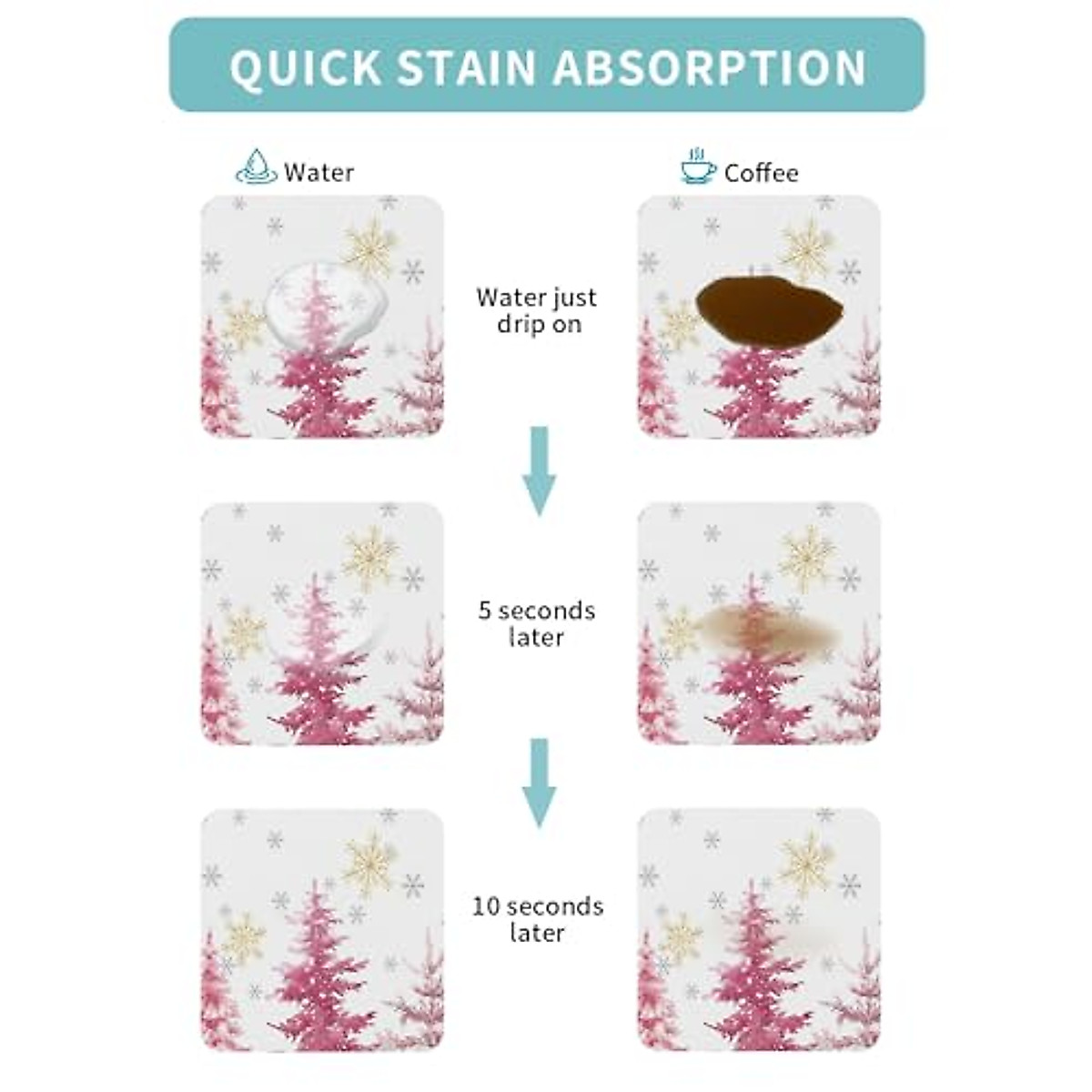 Coffee Mat for Counter, Pink Christmas Xmas Tree Golden Snowflake Absorbent Hide Stain Coffee Bar Mat, Non-slip Coffee Bar Accessories Kitchen Drying Mat Fit Under Coffee Maker Espresso Machine