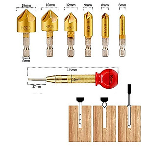 YEEZUGO 23-Pack Woodworking Chamfer Countersink Drill Bit, 6pcs 1/4" Hex 5 Flute 90 Degree Countersink Drill Bits, 7pcs Three Pointed Countersink Drill Bit, 8PCS Wood Plug Cutter, and Automatic