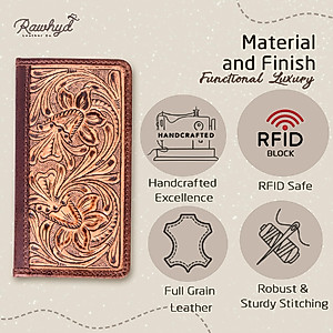 Mens Tooled Leather Wallet – RFID-Blocking Long Wallets for Men - Full Grain Leather Cowboy Wallets for Men – Floral Tooled Mens Western Wallets w/ Credit Card Sleeves - Country Western Gifts for Men
