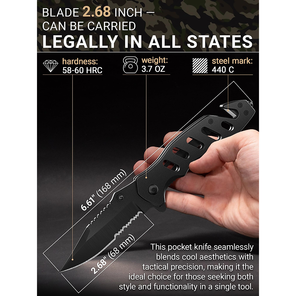 Tactical Legal Knife for Men Women - 2.68 Inch Serrated Blade Small Black Pocket Knife with Glass Breaker Seatbelt Cutter - Cool Folding Knives for Camping Work EDC - Mens Birthday Gift Ideas 6655 B