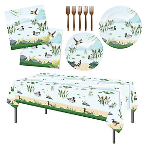 101 Pcs Mallard Duck Party Decorations Tablecloth Tableware Set, Mallard Duck Theme 1st Birthday Party Decor, One Lucky Duck Party Supplies, Duck Hunting Party Plates Napkins for Baby Shower, Serve 25