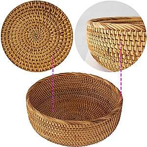 Round Rattan Fruit Basket Bowl - KUNANG Handwoven Storage Serving Baskets, Natural Woven Fruit Basket for Storage Candy, Vegetable, Snack, Bread, Tabletop Decoration Display Tray (L)