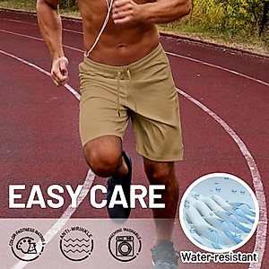 MIER Men's Quick Dry Running Shorts with Zipper Pockets, 7" Athletic Workout Gym Exercise Fitness Shorts Without Liner/Brief, Khaki, XL