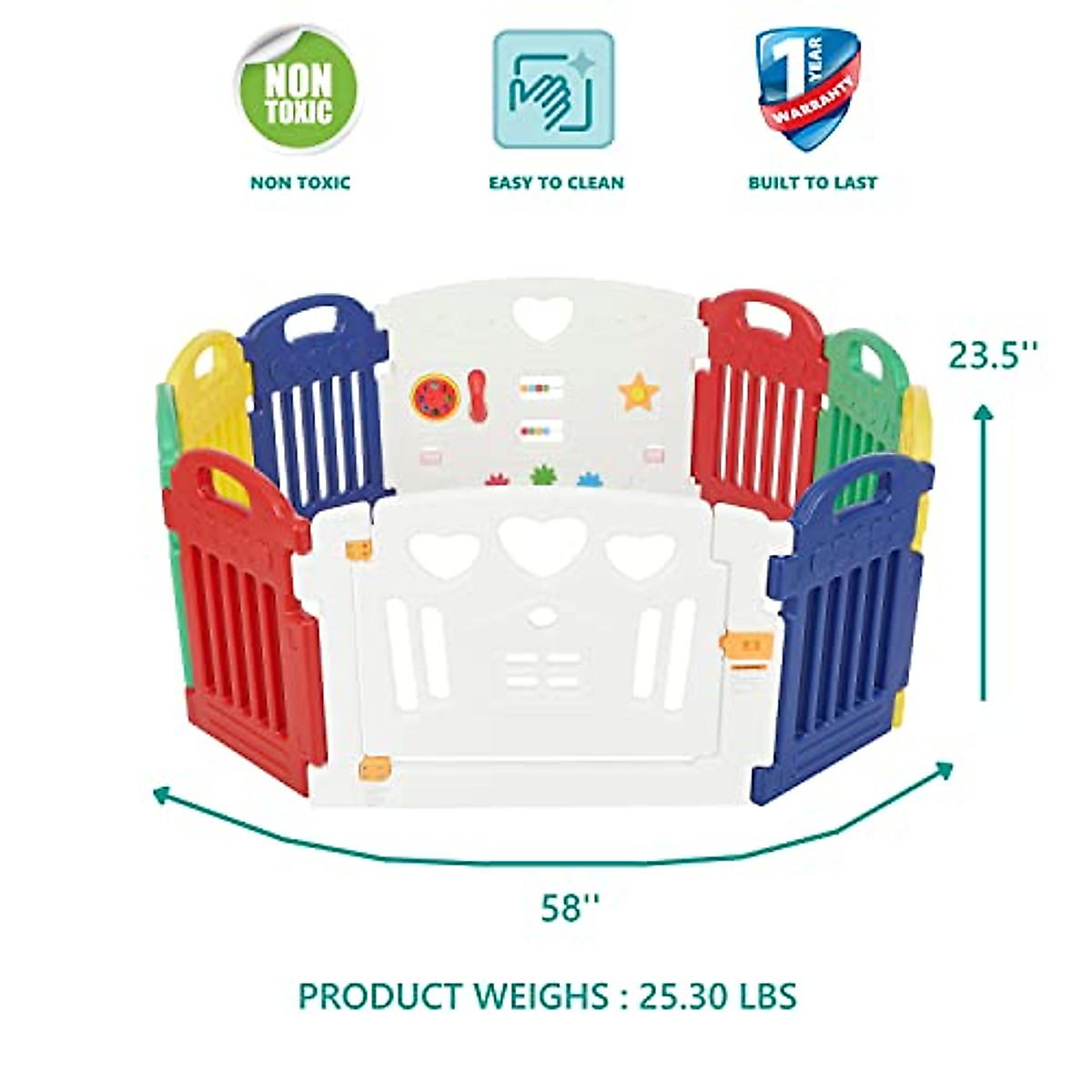 Dream On Me Imagination Station 10 Panel Playpen, Secure & Stable, Hinged Door, Secure Child-Proof Locking System, Non-Slip Rubber Feet, Durable, Non-Toxic Plastic, Use Indoors and Outdoors Multi