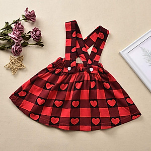 Toddler Baby Girls Valentines Day Outfits Suspender Skirt Striped Plaid Love Heart Clothes (Red, 6-12 Months)