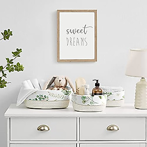 Sweet Jojo Designs Green Boho Floral Leaf Boy Girl Woven Storage Basket Set 3p Cotton Rope Diaper Bins Baby Nursery Kid Closet Drawer Organizer Liner White Bohemian Gender Neutral Watercolor Botanical