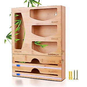 PUNNIO 6 in 1 Ziplock Bag Organizer/Foil & Plastic Wrap Dispenser Cutter, Wall Mounted for Storage, Gallon Quart Sandwich Snack