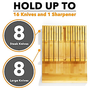 SpaceAid Bamboo Knife Drawer Organizer Insert, Kitchen Steak Knives Holder Organizers Block for Drawer Storage Organization (16 Knife Slots and 1 Sharpener Slot)