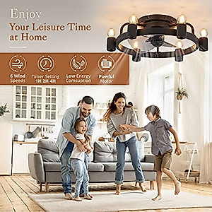 LEDIARY Rustic Ceiling Fans with Lights Black, Low Profile Ceiling Fan with Light Flush Mount, Industrial Farmhouse Vintage Ceiling Fan with Remote for Bedroom,Kitchen,Home