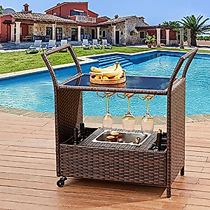 EROMMY Outdoor Wicker Bar Cart, Rolling Patio Wine Cart with Removable Ice Bucket & Wine Glass Holders, Rattan Bar Serving Cart with Glass Countertop, Beverage Cart for Pool, Party, Backyard