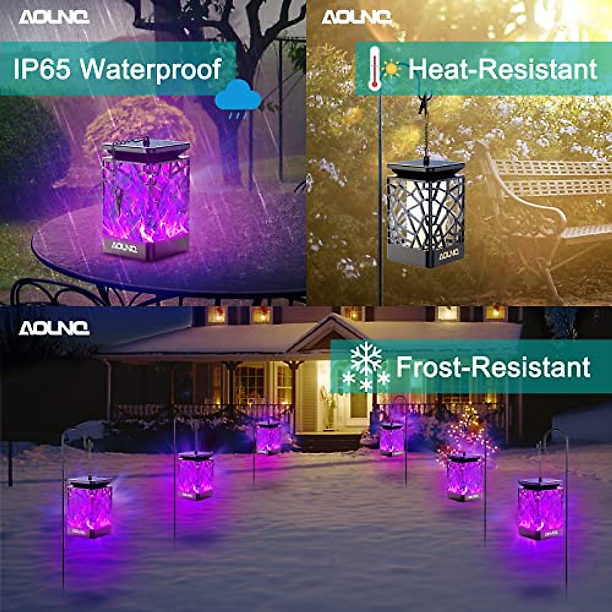 AOUNQ Solar Lanterns Outdoor Waterproof Purple, Upgraded 2 Pack 99 LEDs Flickering Flame Hanging Outdoor Solar Lanterns, Solar Powered Lanterns Lights Outdoor for Garden Patio Yard Porch Decorative