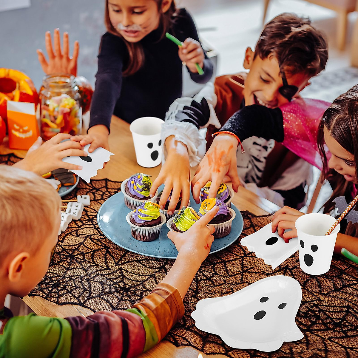 Fuutreo 96 Pcs Halloween Ghost Party Tableware Supplies Including 48 Pcs Halloween Guest Napkins 24 Pcs Ghost Shaped Plates 24 Pcs 9 oz Disposable Ghost Paper Cups Serve for 24 Guests Halloween Party