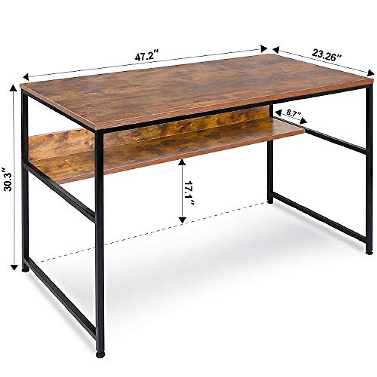 HOMEKOKO 47" Home Office Desk Computer Desk with Storage Shelf, Study Table Modern Writing Desk Industrial Desk with Metal Frame (Rustic Brown)