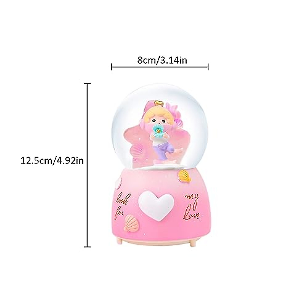 Snow Globe for Girls, 80mm Cute Seabed Figurine Snow Globe Music Box with Color Changing LED Lighs and Automatic Snowflakes, Christmas Birthday Gifts for Kids Girls Granddaughters (183-A)