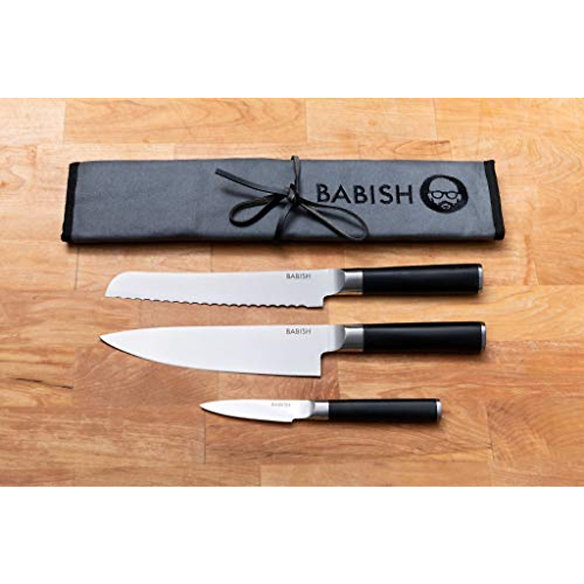 Babish German High-Carbon 1.4116 Steel Cutlery, 3-Piece (Chef Knife, Bread Knife, & Pairing Knife) w/Kitchen Knife Roll
