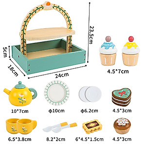 Junejour Wooden Tea Set for Little Girls 14PCS Retro Style Tea Party Set with Portable Stand Teapot Tea Cup Coasters Dessert Cake Pretend Play Tea Set for Toddlers 3-5 Years Old
