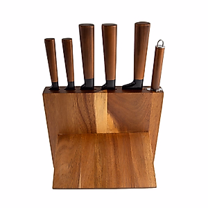 Knife Set with Block, KAV 7pc Kitchen Knives and Sharpening Rod, Stainless Steel Knife Set in High Carbon Matte Black, Chef's Slicing Bread Utility Knifes, Modern Wooden Block Open Face