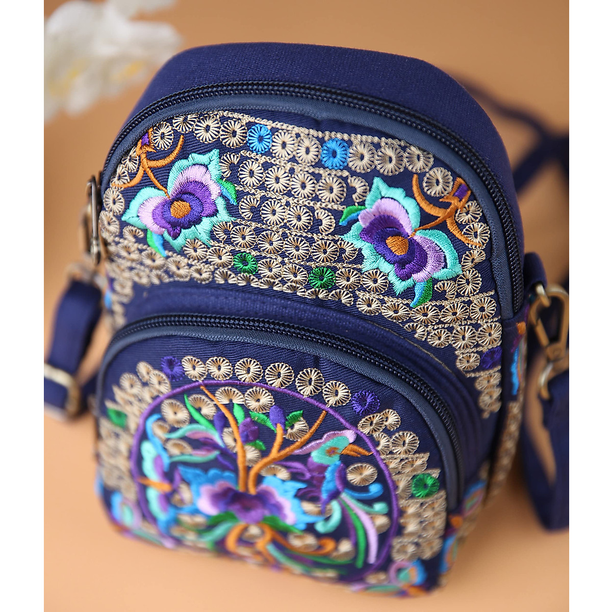 Canvas Crossbody Bag Cell phone Pouch Coin Purse for Women OR Girls Embroidery (HX15-Blue+Purple)